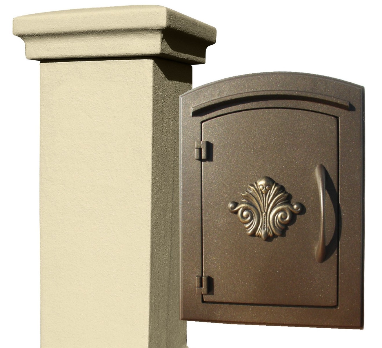 Security Locking Stucco Column Mailbox with Scroll Emblem